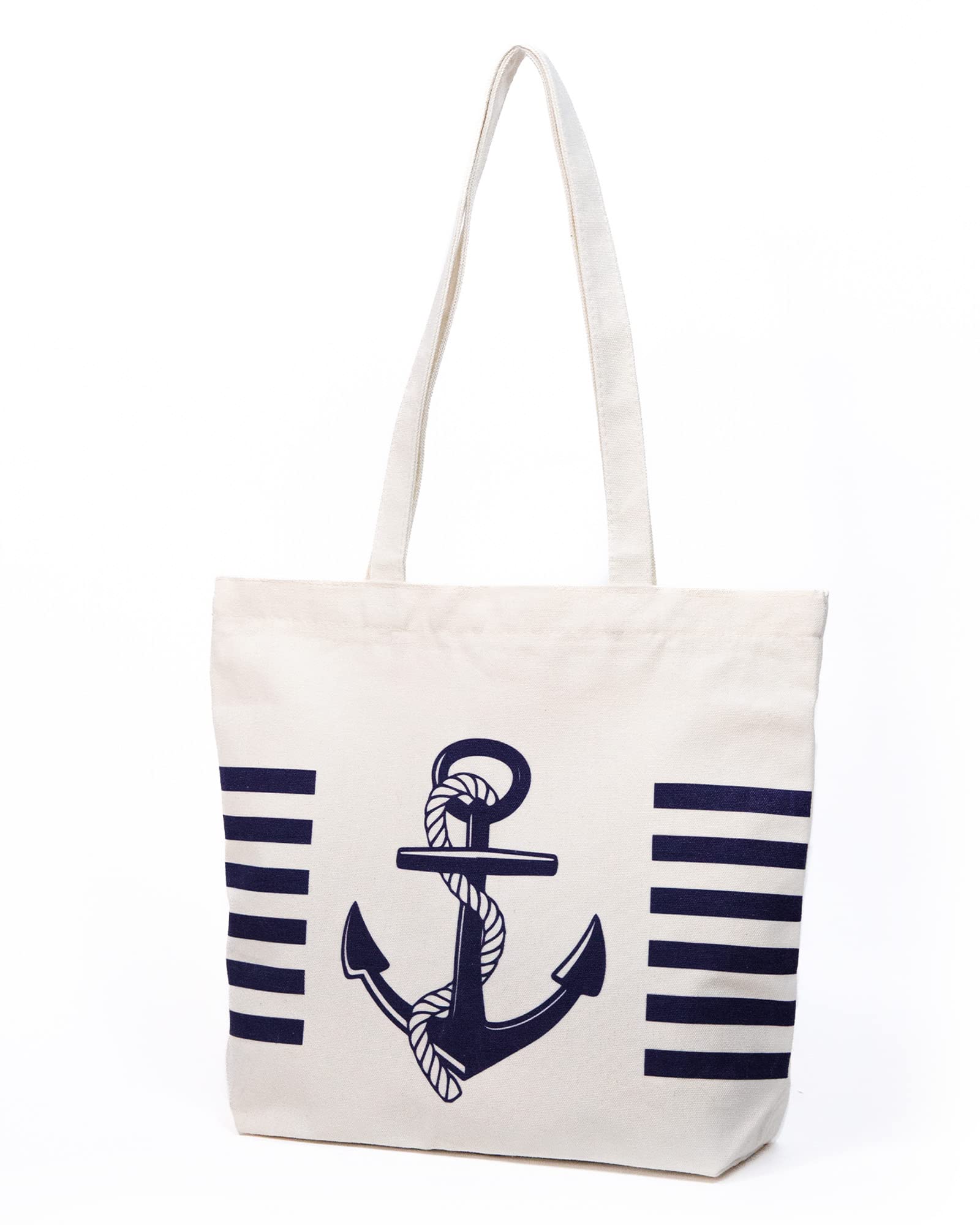 LANGCYGO Nautical Theme Anchor Cotton Canvas Tote Bag with an Inner Pocket, Top Zipper Closure Reusable Grocery Bags For Women,School Shopping,Beach Grocery (Anchor L)