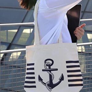 LANGCYGO Nautical Theme Anchor Cotton Canvas Tote Bag with an Inner Pocket, Top Zipper Closure Reusable Grocery Bags For Women,School Shopping,Beach Grocery (Anchor L)