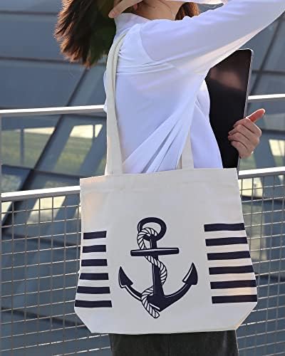 LANGCYGO Nautical Theme Anchor Cotton Canvas Tote Bag with an Inner Pocket, Top Zipper Closure Reusable Grocery Bags For Women,School Shopping,Beach Grocery (Anchor L)