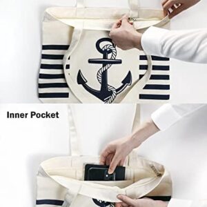 LANGCYGO Nautical Theme Anchor Cotton Canvas Tote Bag with an Inner Pocket, Top Zipper Closure Reusable Grocery Bags For Women,School Shopping,Beach Grocery (Anchor L)