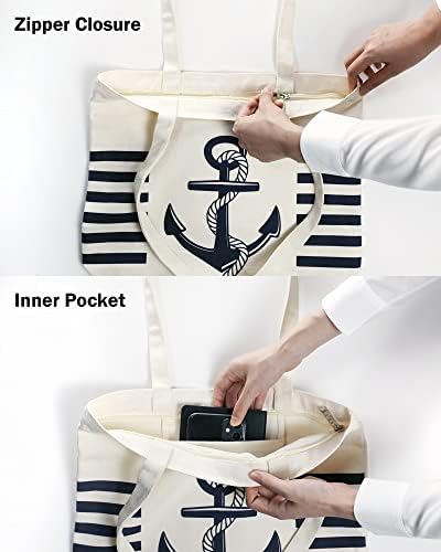 LANGCYGO Nautical Theme Anchor Cotton Canvas Tote Bag with an Inner Pocket, Top Zipper Closure Reusable Grocery Bags For Women,School Shopping,Beach Grocery (Anchor L)