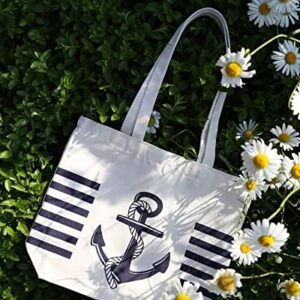 LANGCYGO Nautical Theme Anchor Cotton Canvas Tote Bag with an Inner Pocket, Top Zipper Closure Reusable Grocery Bags For Women,School Shopping,Beach Grocery (Anchor L)