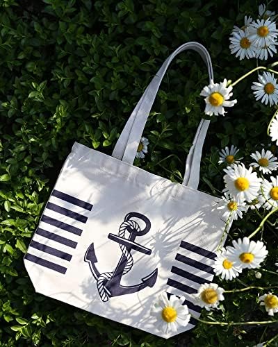 LANGCYGO Nautical Theme Anchor Cotton Canvas Tote Bag with an Inner Pocket, Top Zipper Closure Reusable Grocery Bags For Women,School Shopping,Beach Grocery (Anchor L)