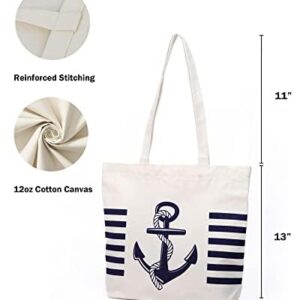 LANGCYGO Nautical Theme Anchor Cotton Canvas Tote Bag with an Inner Pocket, Top Zipper Closure Reusable Grocery Bags For Women,School Shopping,Beach Grocery (Anchor L)