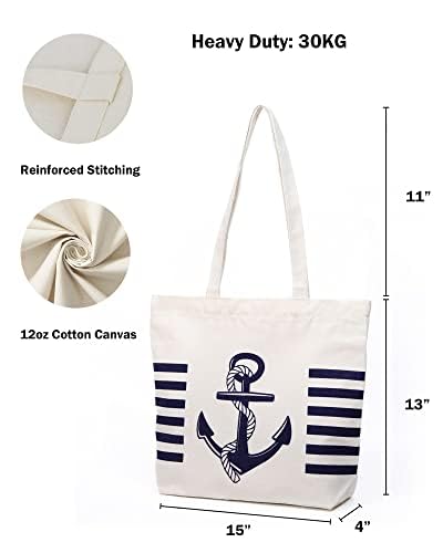 LANGCYGO Nautical Theme Anchor Cotton Canvas Tote Bag with an Inner Pocket, Top Zipper Closure Reusable Grocery Bags For Women,School Shopping,Beach Grocery (Anchor L)