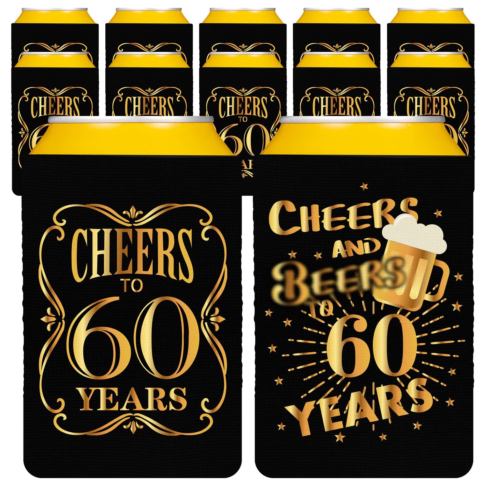 FANKUTOYS 60th Birthday Can Cooler Sleeves, Neoprene Beverage Bottle Can Sleeves - 60th Party Anniversary Decorations and 60th Birthday Gift for Men & Women, Black & Gold (12 Pcs)