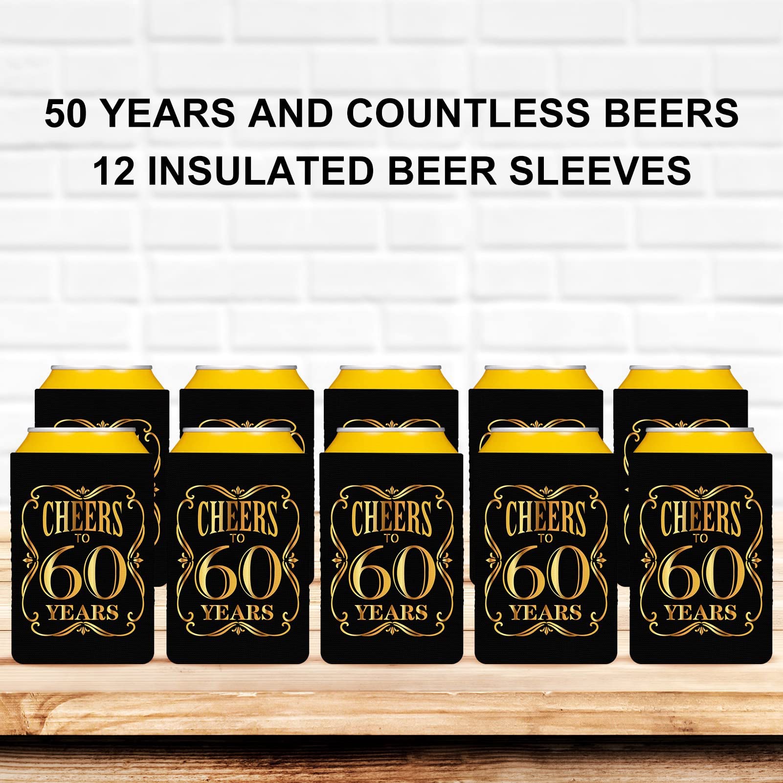 FANKUTOYS 60th Birthday Can Cooler Sleeves, Neoprene Beverage Bottle Can Sleeves - 60th Party Anniversary Decorations and 60th Birthday Gift for Men & Women, Black & Gold (12 Pcs)