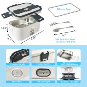 PHIWILLS 80W Electric Lunch Box 1.8L Container Food Warmer Heater, 12V/24V/110V Heated Lunchbox for Car/Truck/Work with 0.45L Compartment, Stainless Steel Spoon & Fork, Insulated Bag