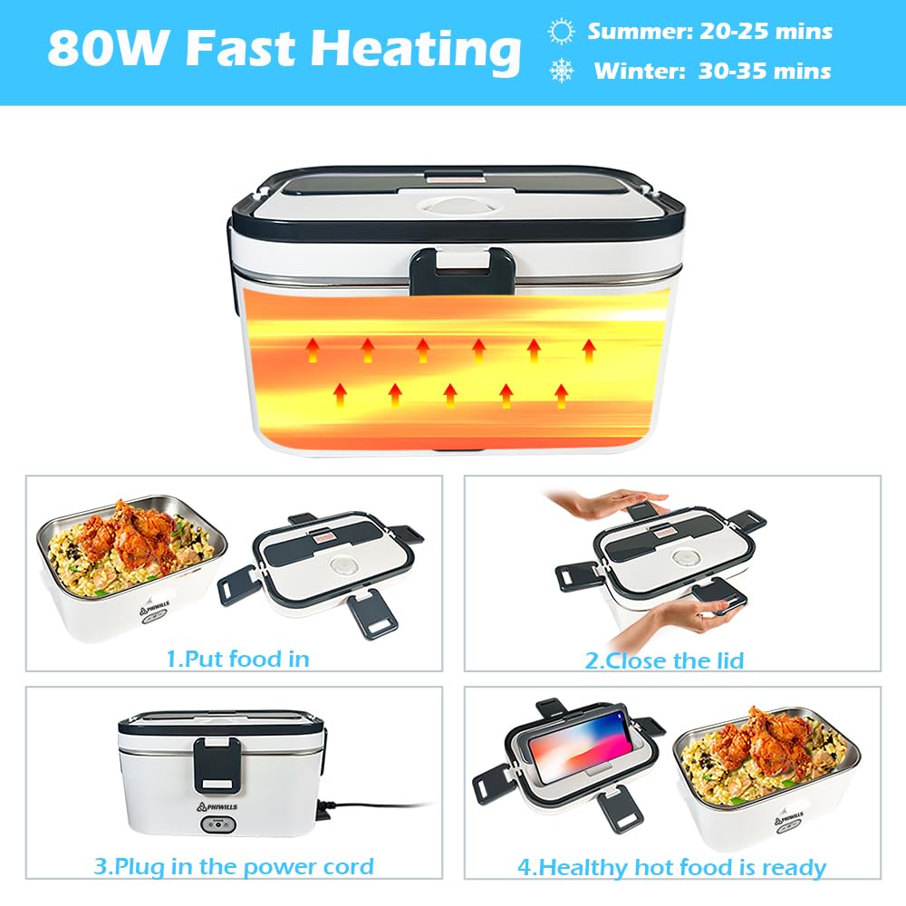 PHIWILLS 80W Electric Lunch Box 1.8L Container Food Warmer Heater, 12V/24V/110V Heated Lunchbox for Car/Truck/Work with 0.45L Compartment, Stainless Steel Spoon & Fork, Insulated Bag