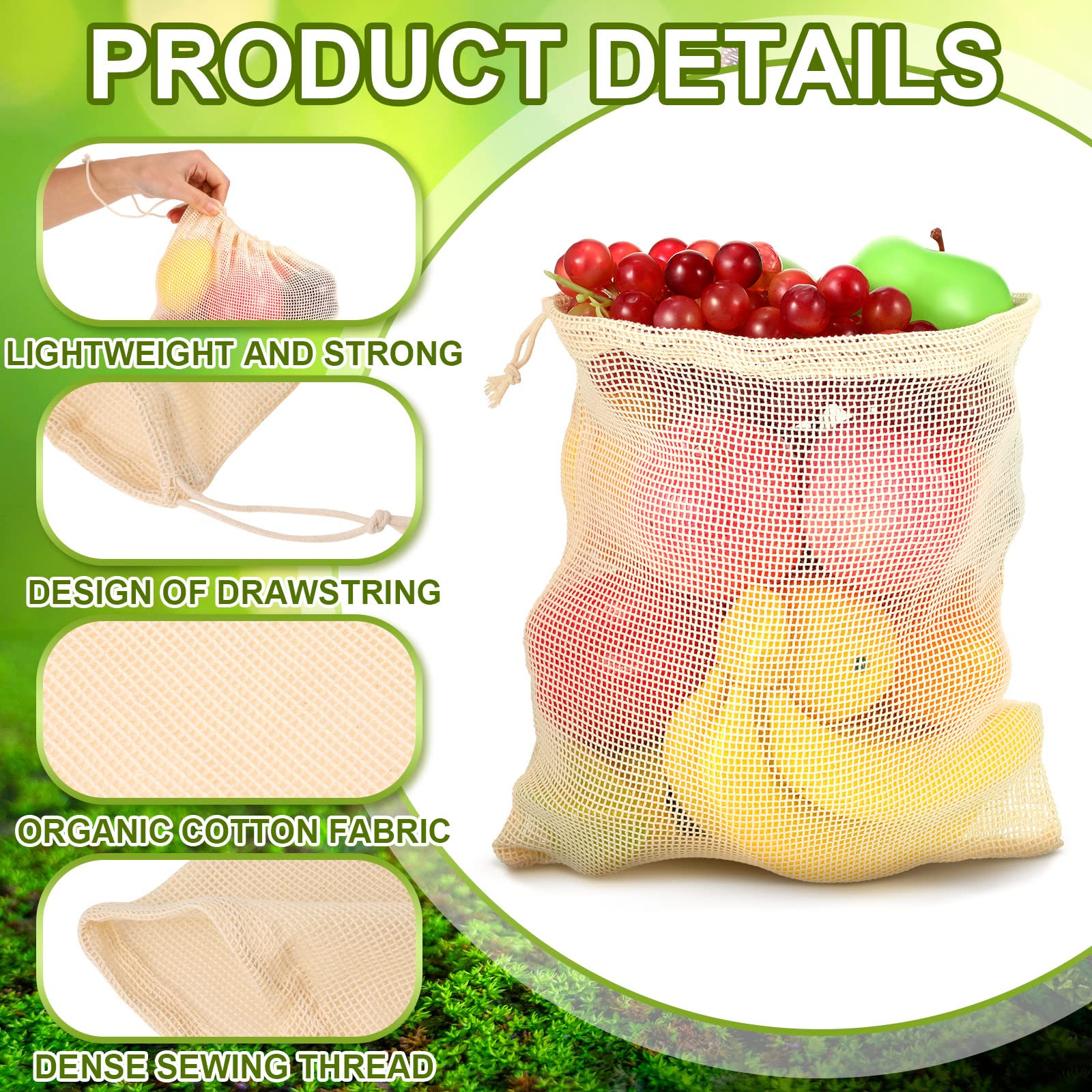 12 Pcs Reusable Produce Bag Various Size Organic Cotton Mesh Produce Double Stitched Bag Washable with Drawstring for Refrigerator Lightweight Vegetable Grocery Fruit Veggie Shopping Onion Storage Bag