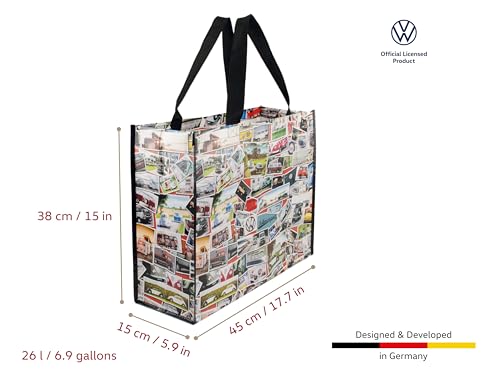 BRISA VW Collection - Volkswagen Reusable Shopping Grocery Bag with T1 Bus Motif (Stamps/Multicolor)