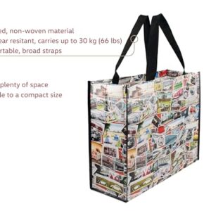 BRISA VW Collection - Volkswagen Reusable Shopping Grocery Bag with T1 Bus Motif (Stamps/Multicolor)