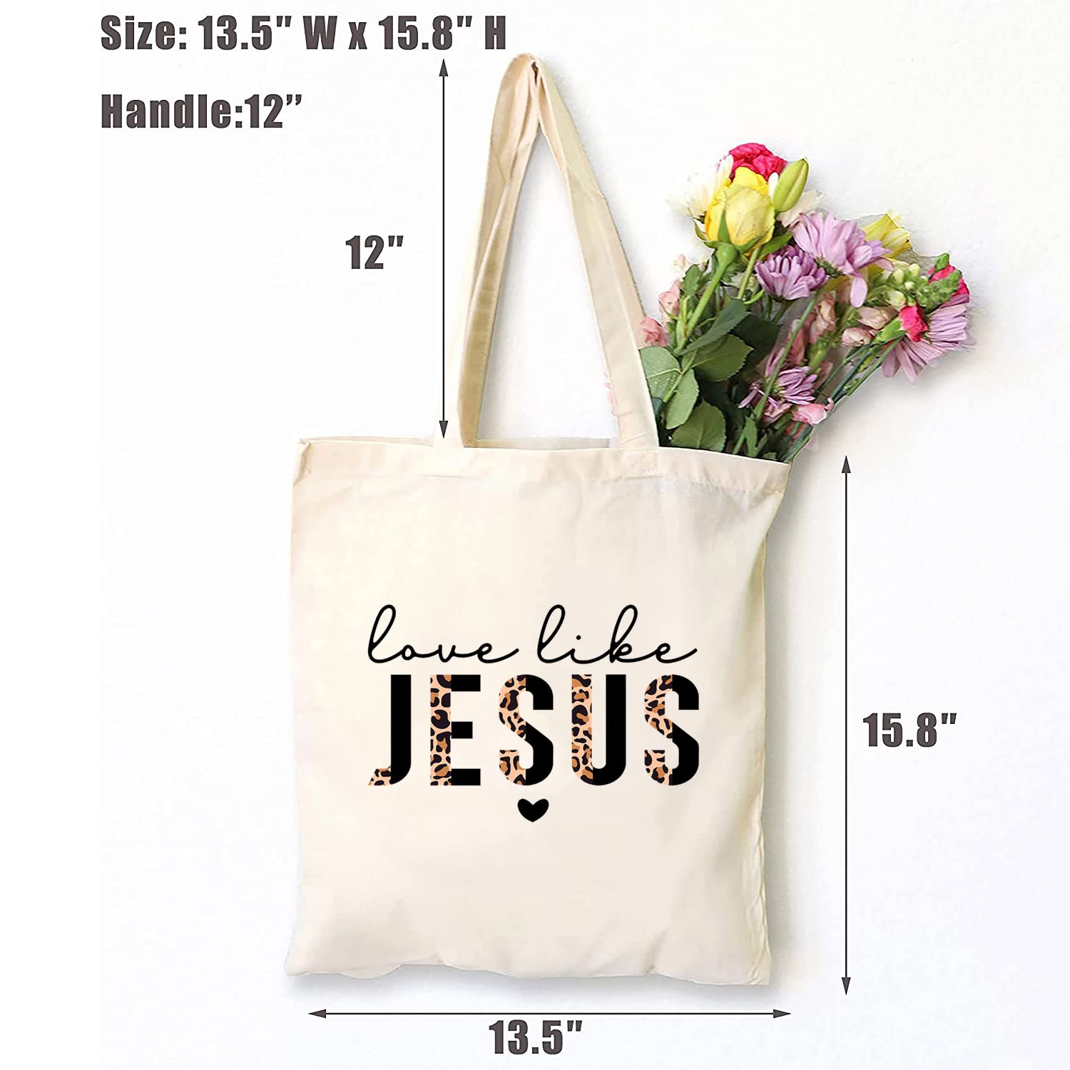 Women's Love Like Jesus Half Leopard Black Canvas Tote Bag Funny Bible Quotes Christian Reusable Shopping Bag