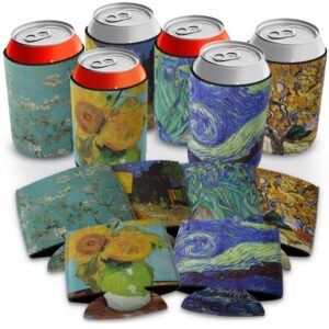 WIRESTER Can Cooler Sleeves for Soda Beer Can Drinks, 6 Pack - Almond Blossom + Cafe Terrace At Night + Irises + The Starry Night Moon + Mulberry + Sunflowers Blue By Van Gogh