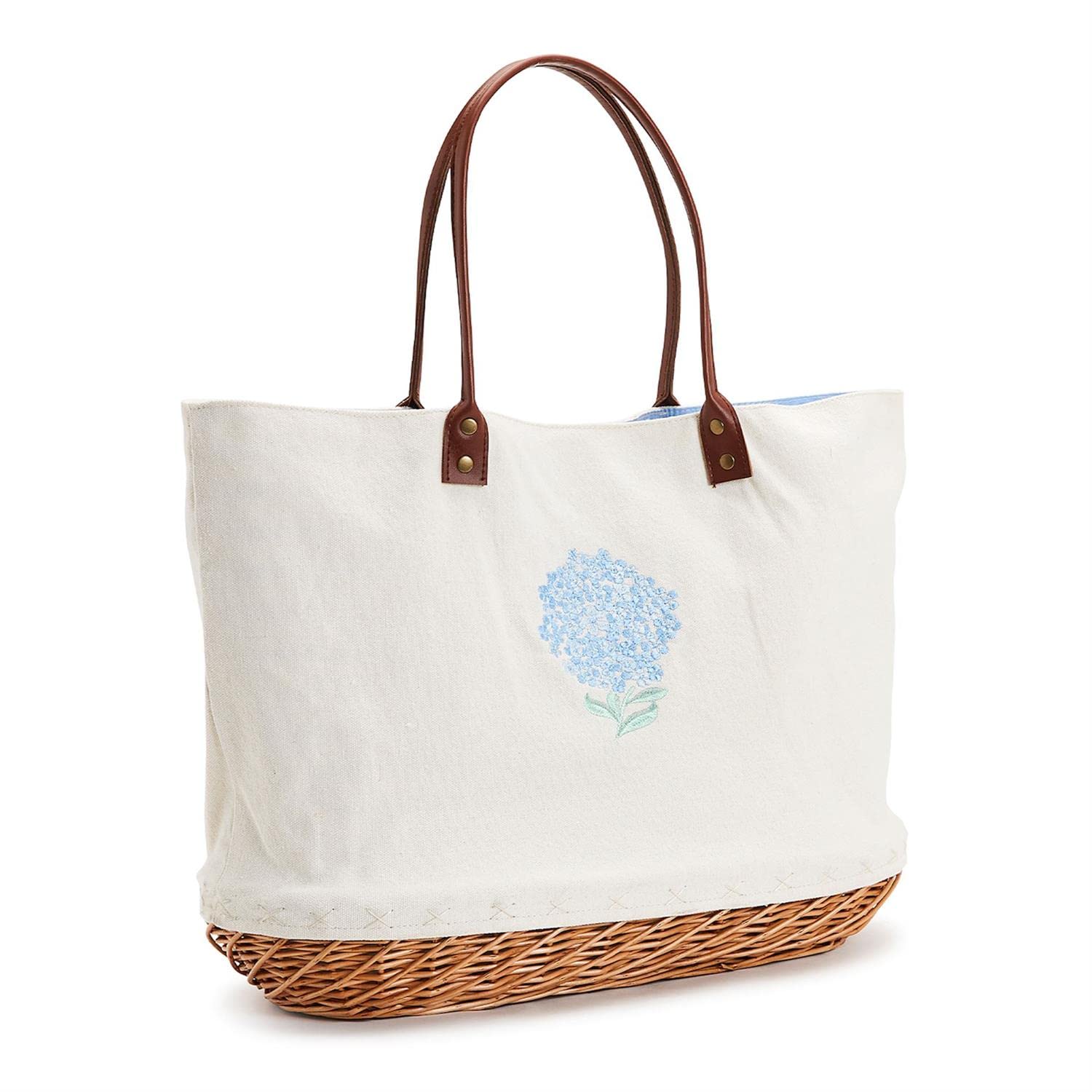 Two's Company Hydrangea Basket Tote Bag With Embroidered Flower & Magnetic Snap Closure