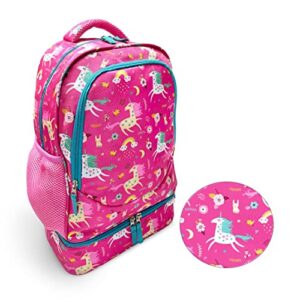 unicorn backpack with lunch box for girls, cute 15” girl backpacks and integrated lunch bag with water bottle pocket holder, insulated padded travel bags boxes for elementary school kids, pink teal