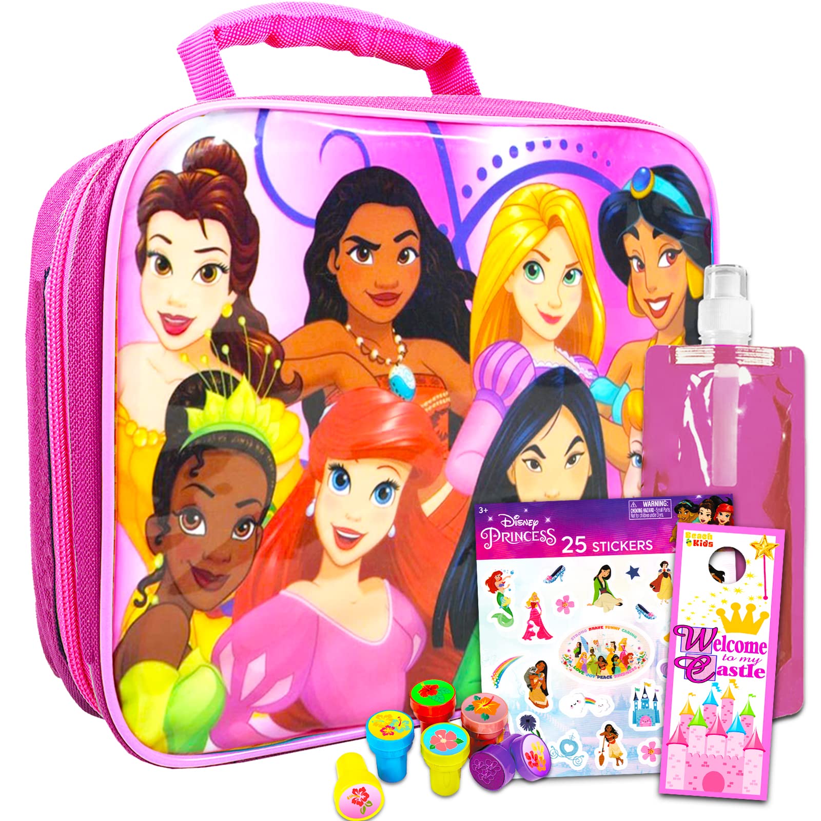 Classic Disney Disney Princess School Supplies Bundle Princess Lunch Box Set - 5 Pc Princess Lunch Box with Stampers, Stickers, Water Bottle, and More (Disney Lunch Bag)