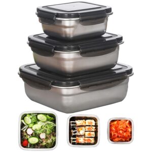 stainless steel food storage container with lids 3pcs set leak-proof large durable bento salad container , lunch box, for kimchi, fruit and salad -home family, picnic, camping, outdoor (black square)