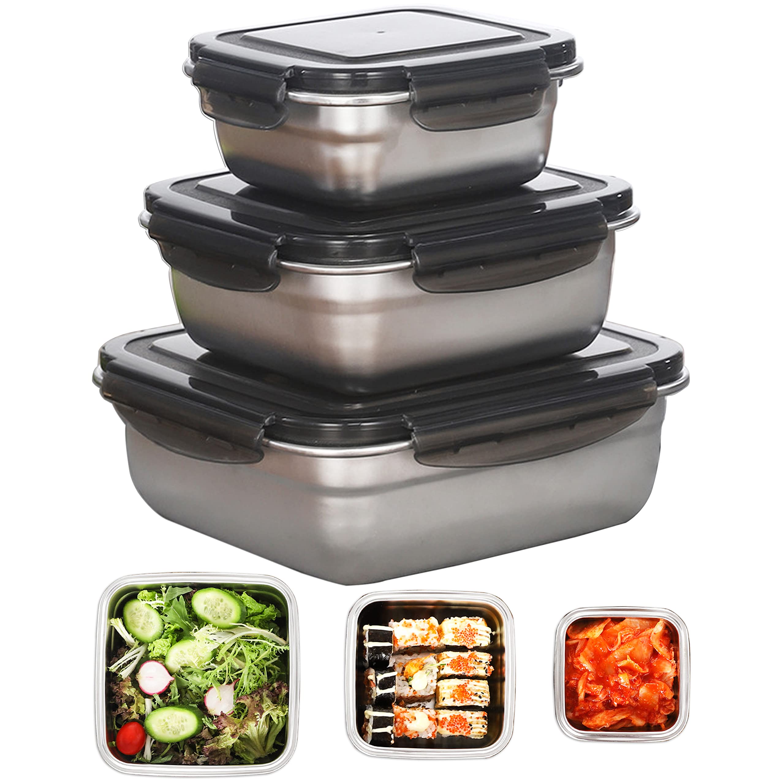 Stainless Steel Food Storage Container with Lids 3pcs set Leak-Proof Large Durable Bento salad container , Lunch Box, For Kimchi, Fruit and Salad -Home family, Picnic, Camping, Outdoor (Black Square)