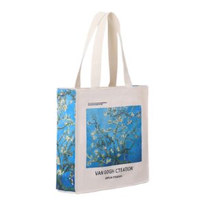 lz almond blossom canvas tote bag aesthetic original design oil painting art for women girl reusable eco-friendly tote bag van gogh series canvas tote bag