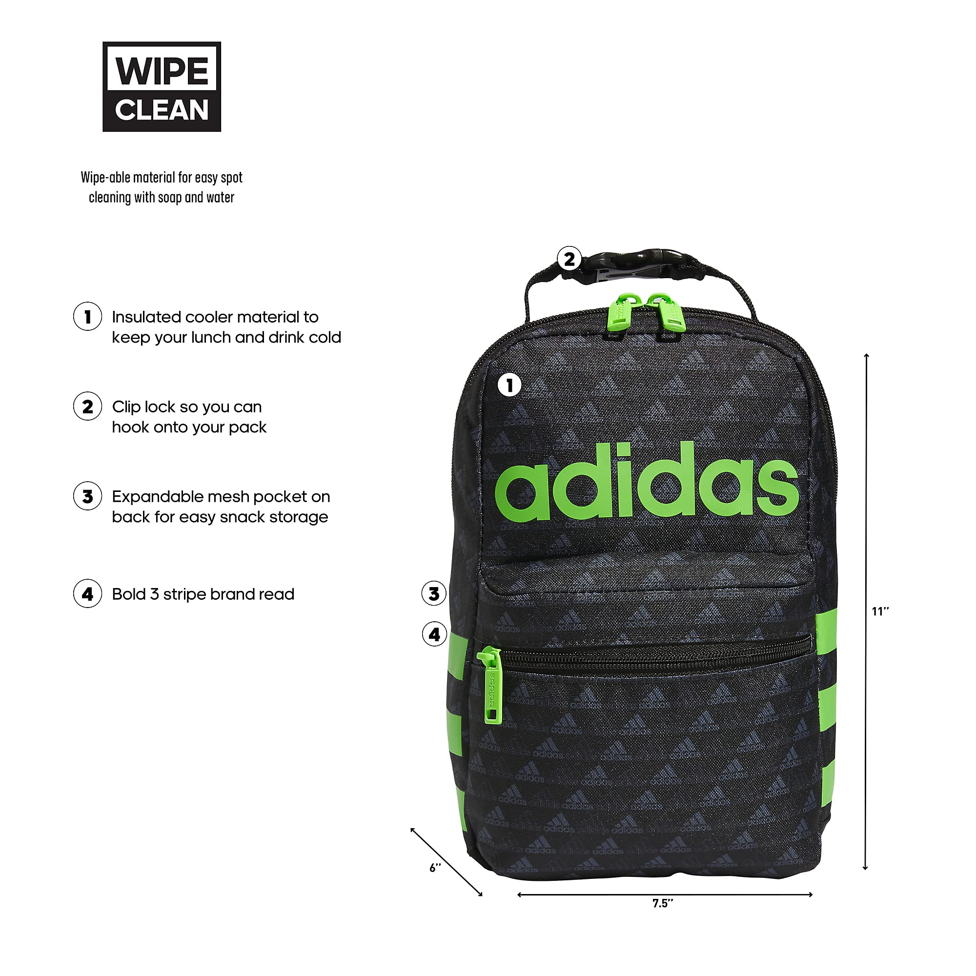 adidas Santiago 2 Insulated Lunch Bag, BOS Mini Monogram Black/Lucid Lime Green, One Size