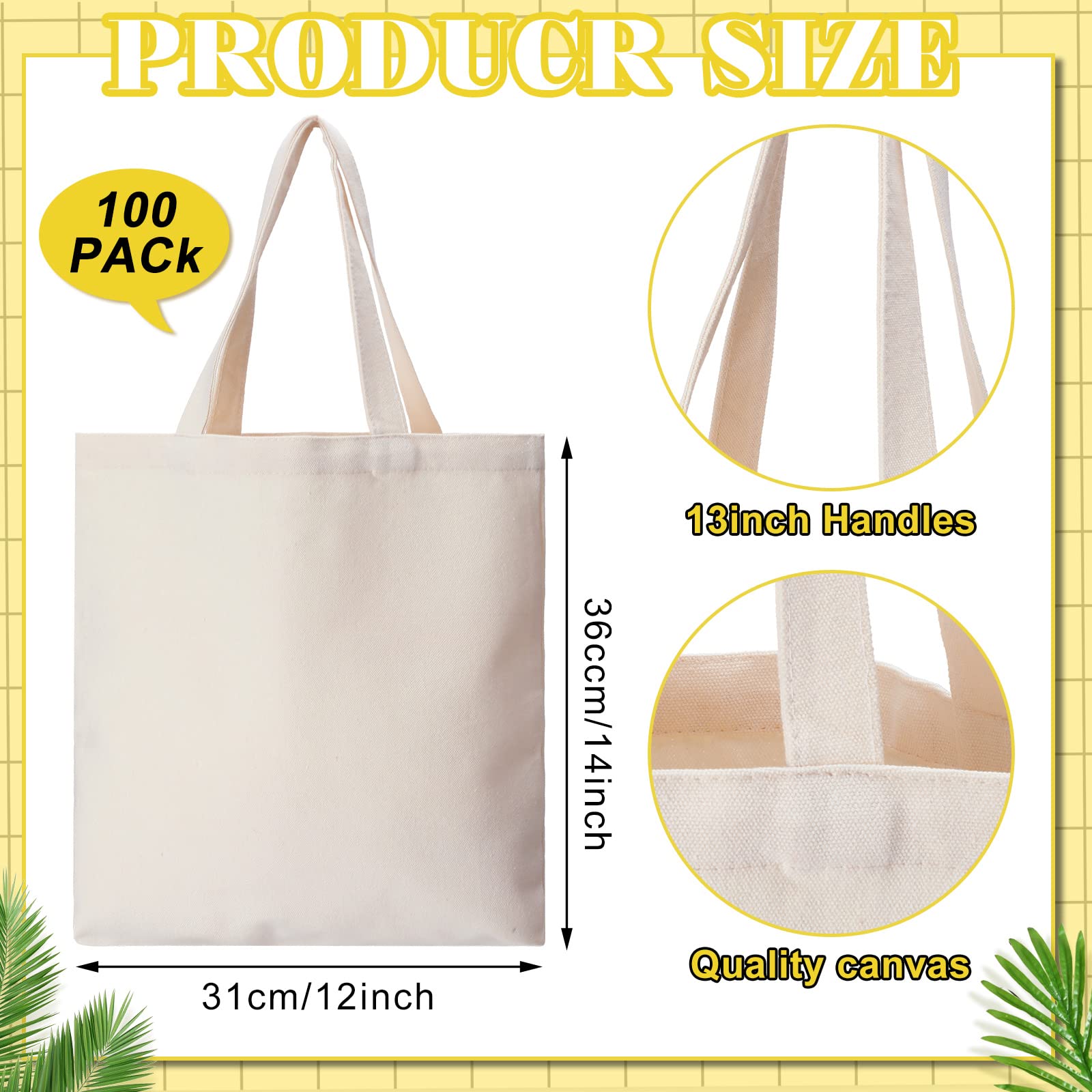 Pinkunn 100 Pcs Canvas Bags Bulk Natural Cotton Bags with Handles Plain Polyester Cotton Bags for Crafting DIY(White)