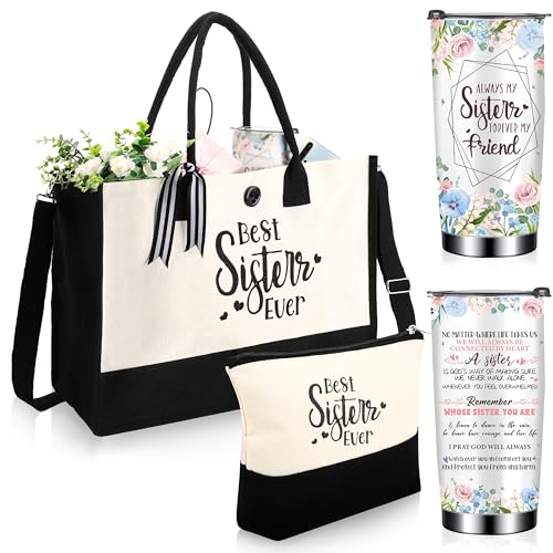 Silkfly 3 Pcs Sisters Gift Set from Sister Christmas Birthday Gifts for Women My Sister Forever My Friends Stainless Steel Tumbler Canvas Tote Bag Mothers Day Gifts for Girls Friends