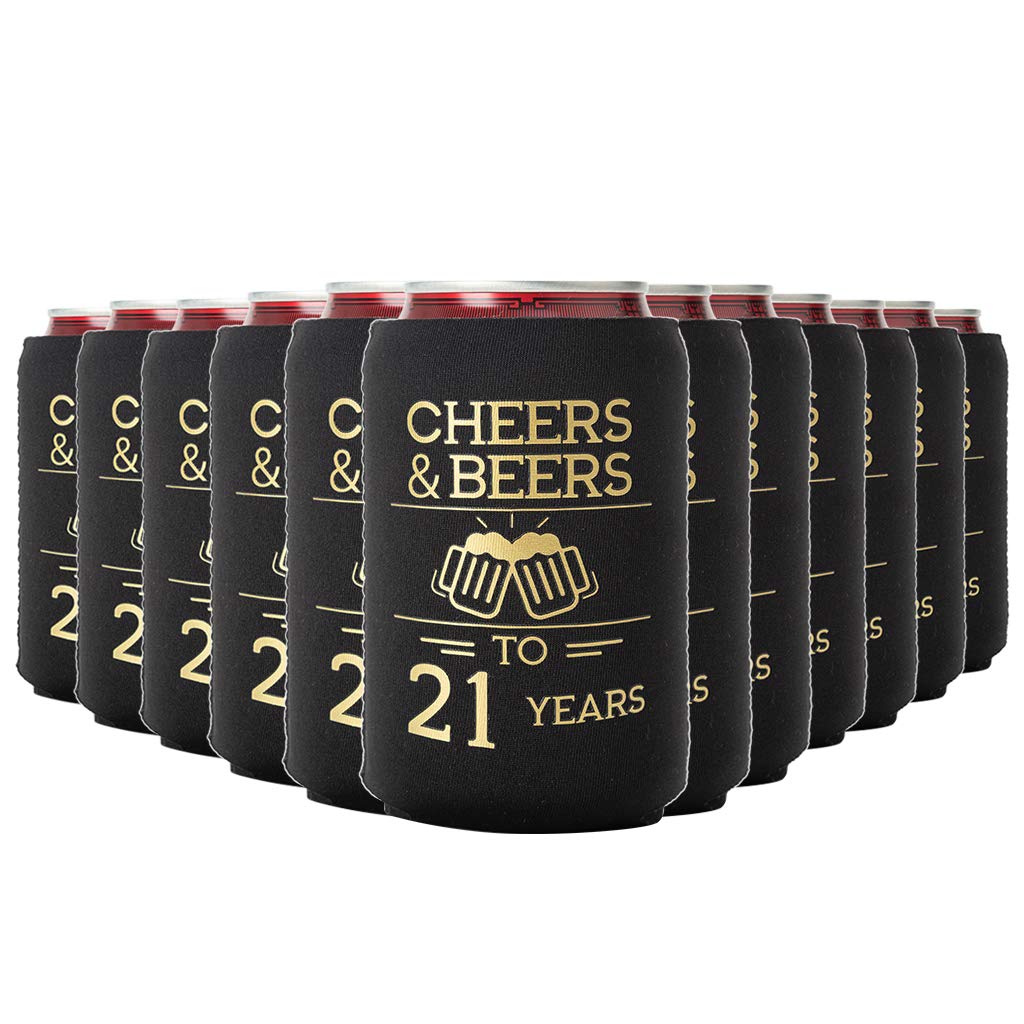 Cheers & Beers to 21 Years Can Coolers 21st Birthday Party Coolies, Set of 12, Black and Gold Can Coolers, Perfect for Birthday Parties, Birthday Decorations