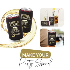 Cheers & Beers to 21 Years Can Coolers 21st Birthday Party Coolies, Set of 12, Black and Gold Can Coolers, Perfect for Birthday Parties, Birthday Decorations