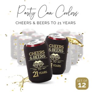 Cheers & Beers to 21 Years Can Coolers 21st Birthday Party Coolies, Set of 12, Black and Gold Can Coolers, Perfect for Birthday Parties, Birthday Decorations