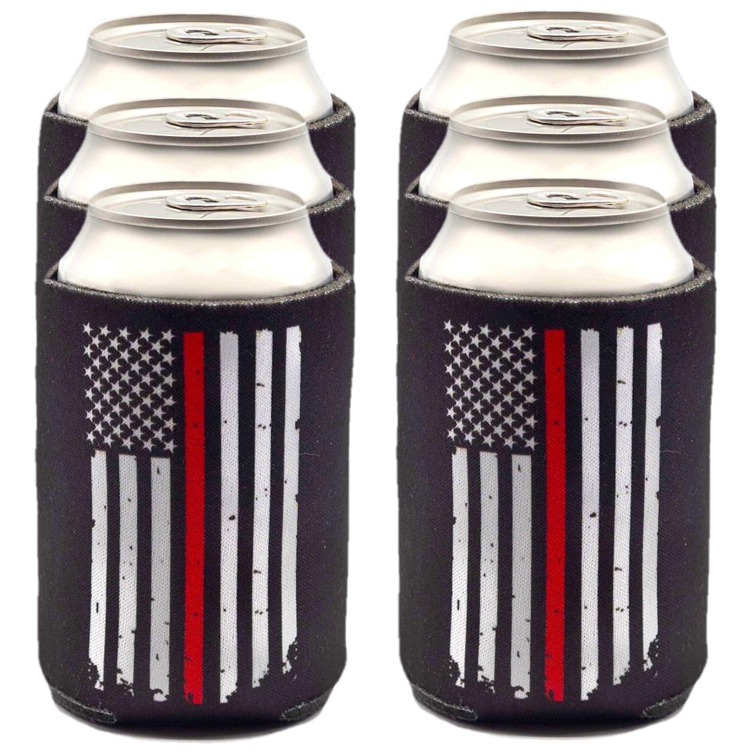 Firefighter Gifts for Men - Thin Red Line Beverage Can Cooler Sleeves, Fireman Gifts, Insulated Beer Holder with Red Stripe American Flag, Fire Department Gift Ideas, Fire Fighter Accessory, 6-Pack