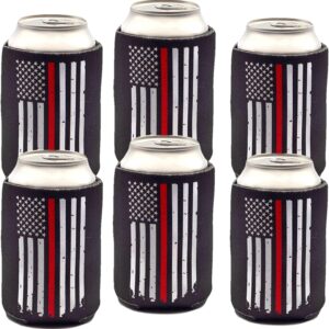 Firefighter Gifts for Men - Thin Red Line Beverage Can Cooler Sleeves, Fireman Gifts, Insulated Beer Holder with Red Stripe American Flag, Fire Department Gift Ideas, Fire Fighter Accessory, 6-Pack