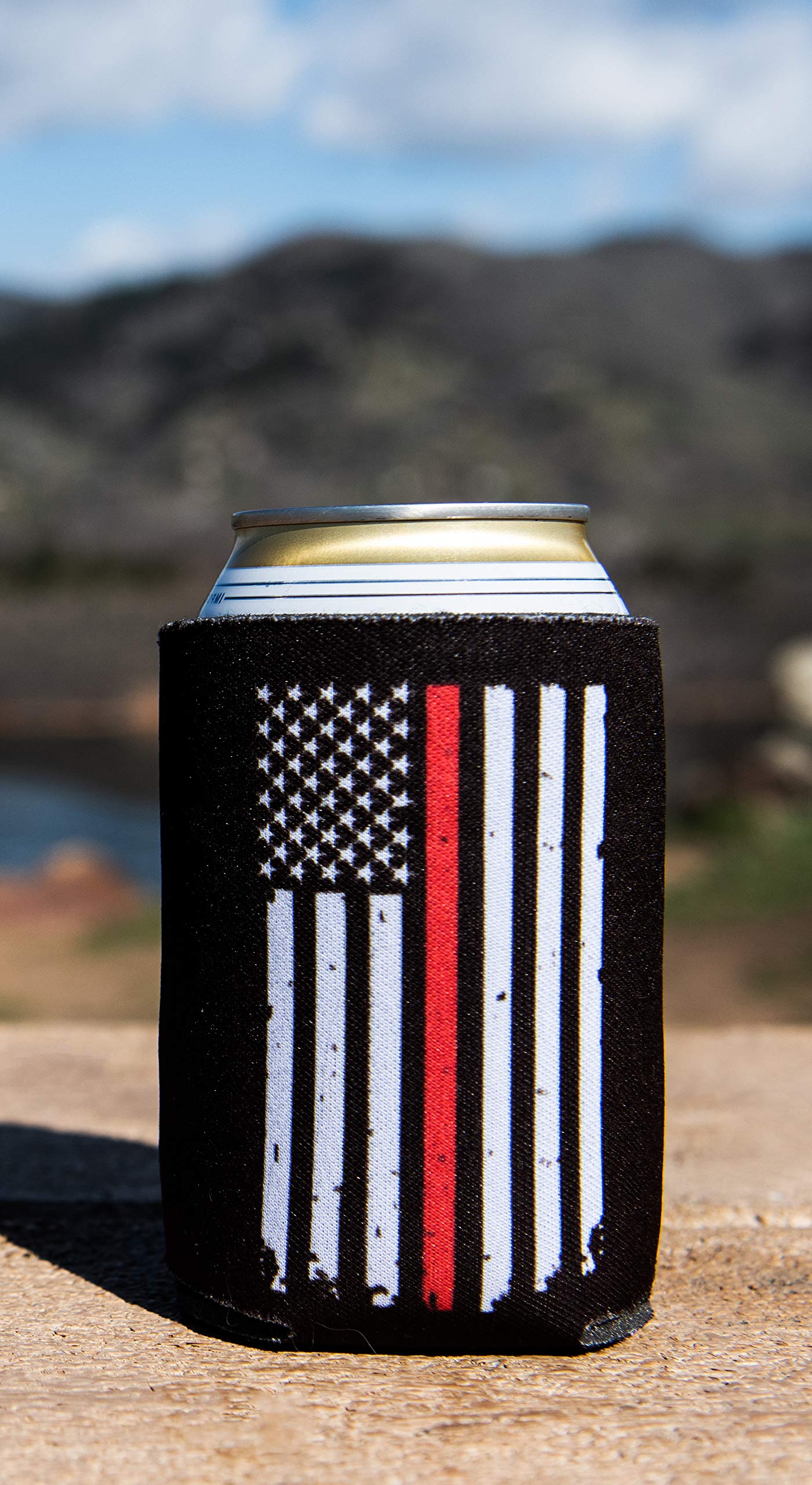 Firefighter Gifts for Men - Thin Red Line Beverage Can Cooler Sleeves, Fireman Gifts, Insulated Beer Holder with Red Stripe American Flag, Fire Department Gift Ideas, Fire Fighter Accessory, 6-Pack