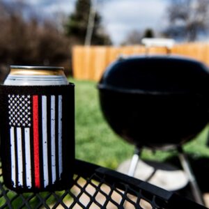 Firefighter Gifts for Men - Thin Red Line Beverage Can Cooler Sleeves, Fireman Gifts, Insulated Beer Holder with Red Stripe American Flag, Fire Department Gift Ideas, Fire Fighter Accessory, 6-Pack