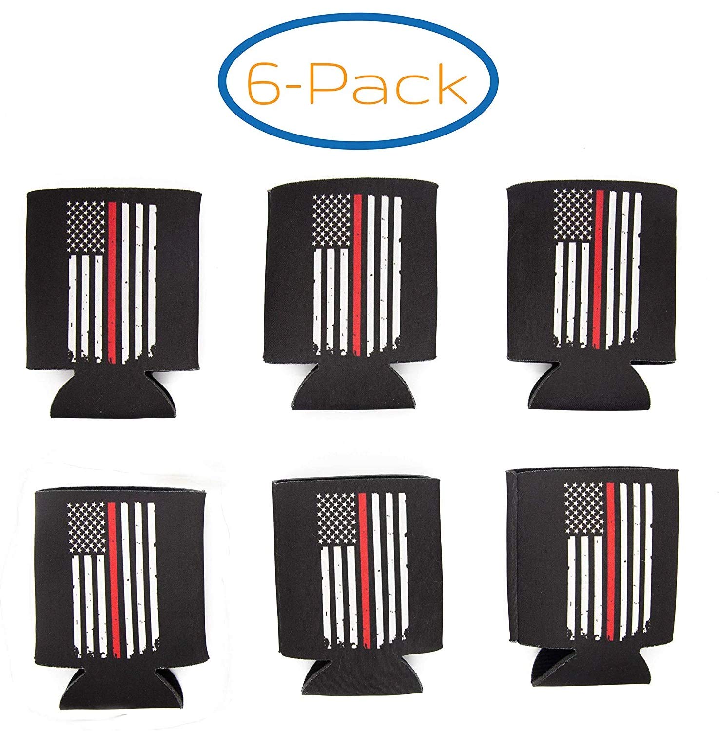 Firefighter Gifts for Men - Thin Red Line Beverage Can Cooler Sleeves, Fireman Gifts, Insulated Beer Holder with Red Stripe American Flag, Fire Department Gift Ideas, Fire Fighter Accessory, 6-Pack