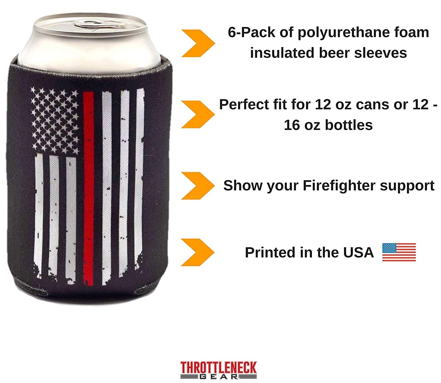 Firefighter Gifts for Men - Thin Red Line Beverage Can Cooler Sleeves, Fireman Gifts, Insulated Beer Holder with Red Stripe American Flag, Fire Department Gift Ideas, Fire Fighter Accessory, 6-Pack