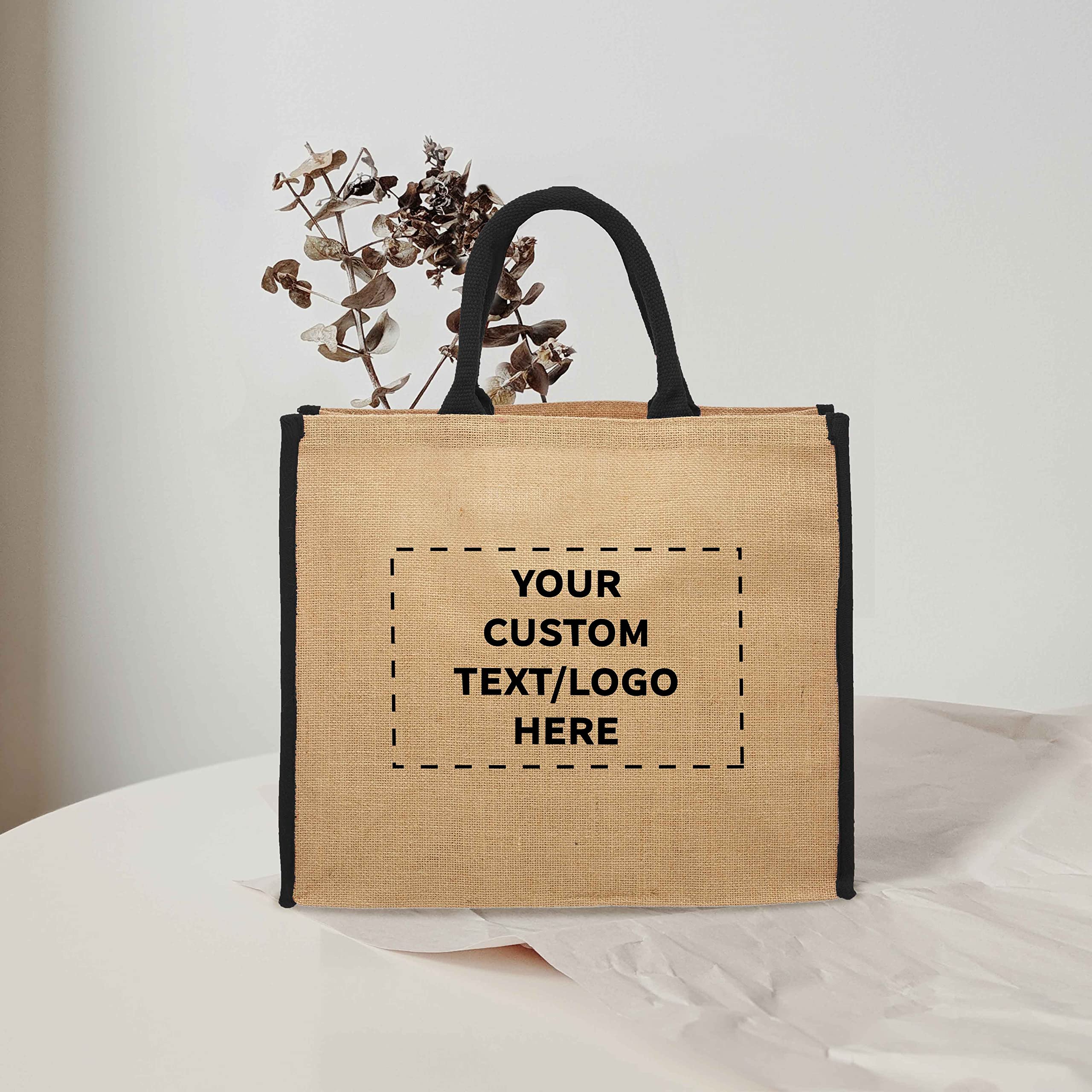 DISCOUNT PROMOS Custom Fresno Eco Friendly Jute Tote Bags Set of 10, Personalized Bulk Pack - Reusable, Great for Tradeshows, Grocery, Shopping and Outdoor Events - Black