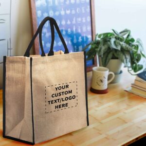 DISCOUNT PROMOS Custom Fresno Eco Friendly Jute Tote Bags Set of 10, Personalized Bulk Pack - Reusable, Great for Tradeshows, Grocery, Shopping and Outdoor Events - Black