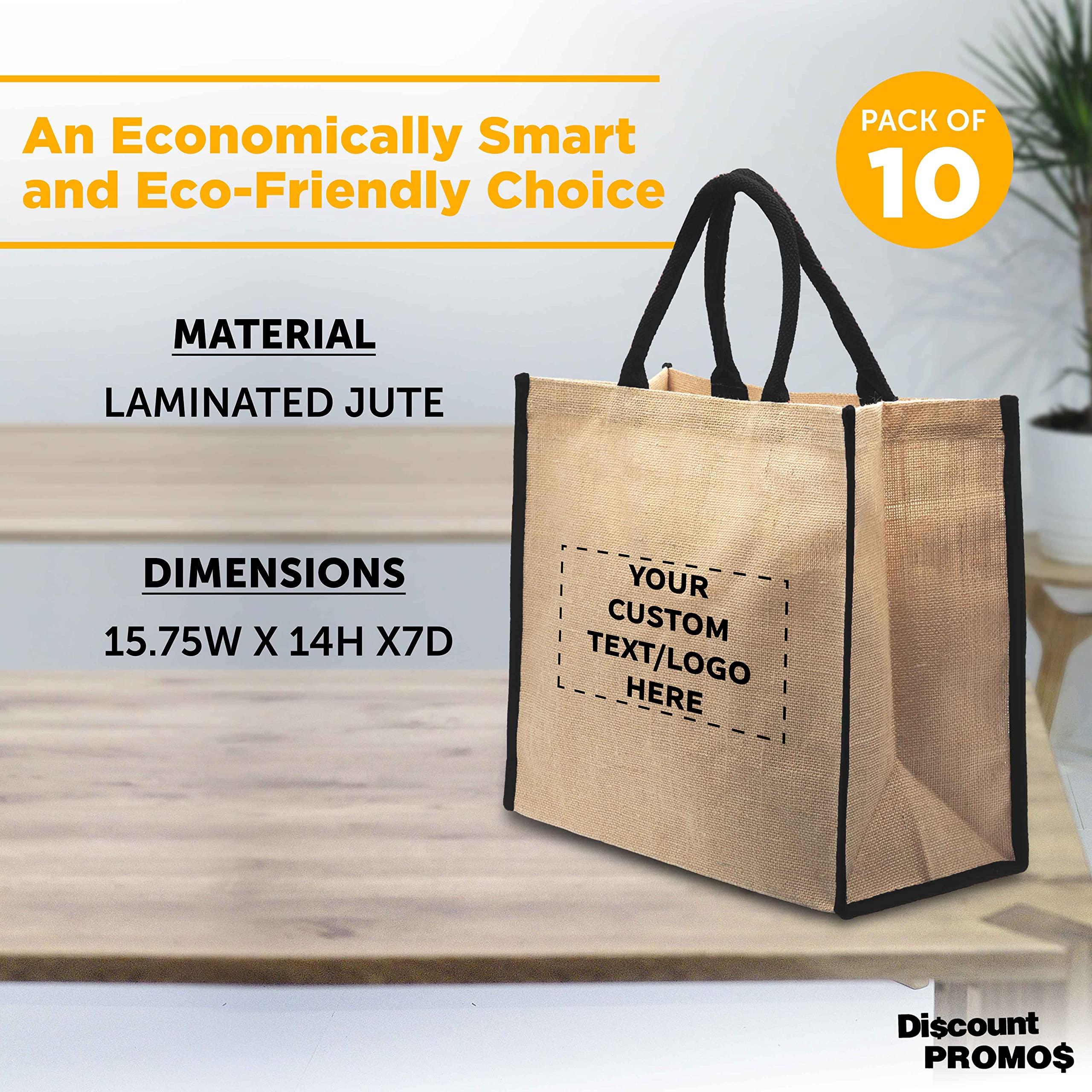 DISCOUNT PROMOS Custom Fresno Eco Friendly Jute Tote Bags Set of 10, Personalized Bulk Pack - Reusable, Great for Tradeshows, Grocery, Shopping and Outdoor Events - Black