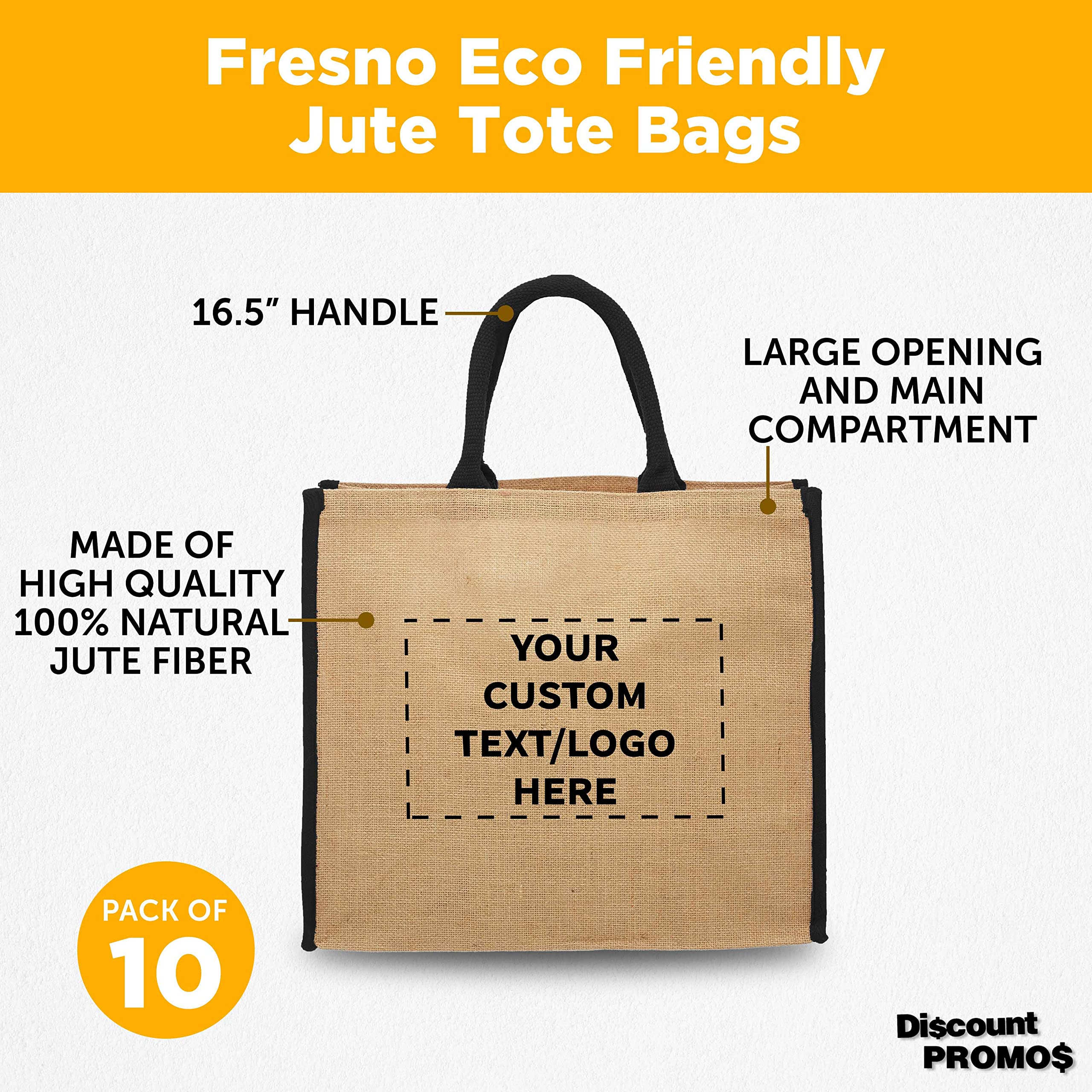 DISCOUNT PROMOS Custom Fresno Eco Friendly Jute Tote Bags Set of 10, Personalized Bulk Pack - Reusable, Great for Tradeshows, Grocery, Shopping and Outdoor Events - Black