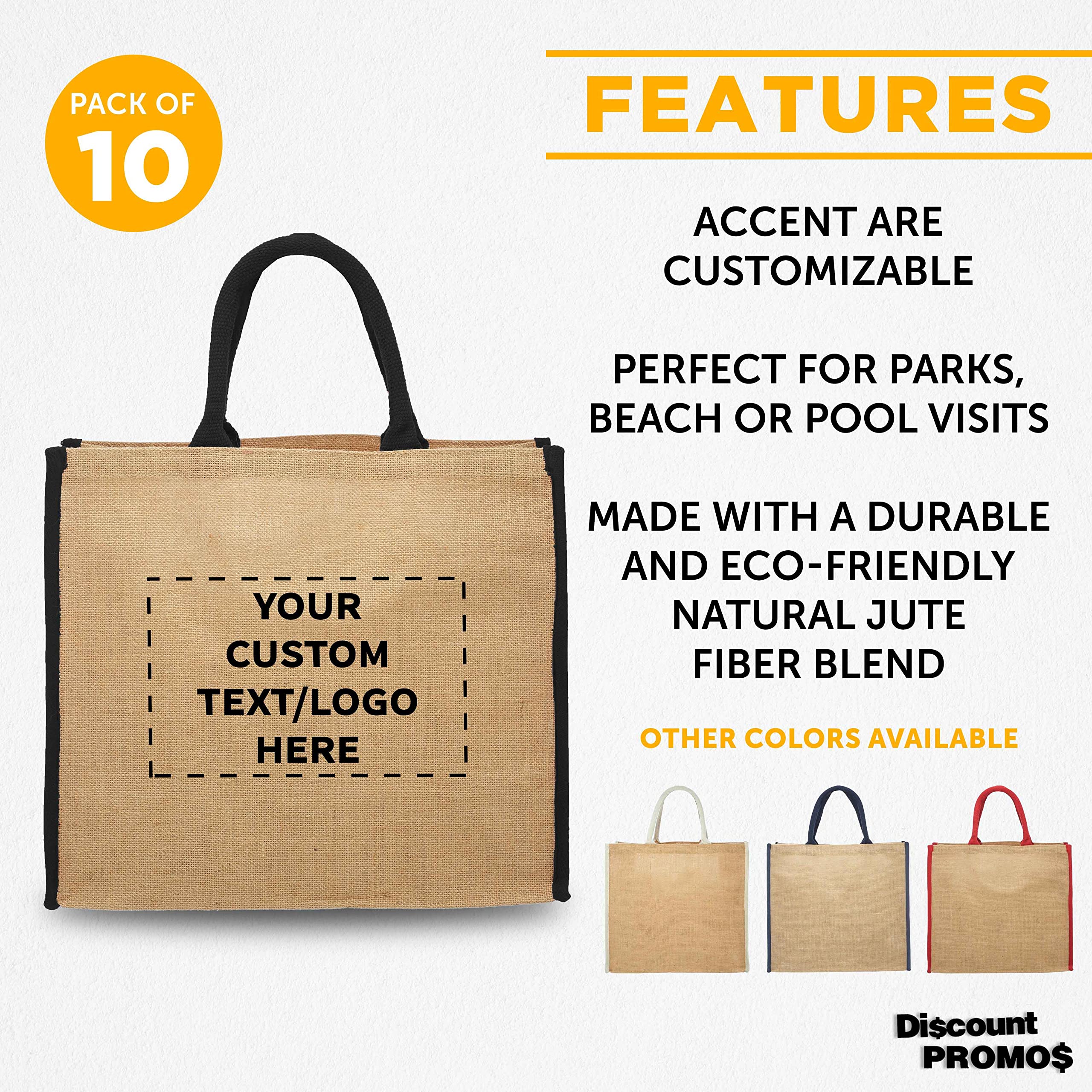 DISCOUNT PROMOS Custom Fresno Eco Friendly Jute Tote Bags Set of 10, Personalized Bulk Pack - Reusable, Great for Tradeshows, Grocery, Shopping and Outdoor Events - Black