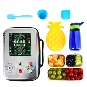 soocute insulated lunch box kids lunch bag set, game on boys lunchbox with 3 compartment bento box freezable ice pack water bottle silicon cap salad container, toddler school supplies lunch kit