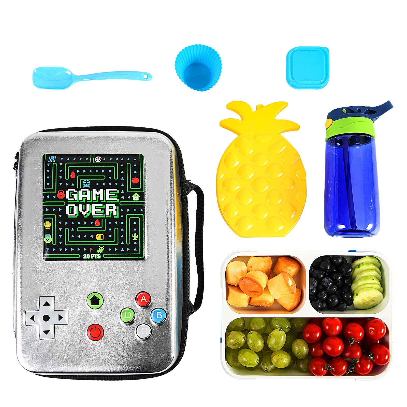 SOOCUTE Insulated Lunch Box Kids Lunch Bag Set, Game On Boys Lunchbox With 3 Compartment Bento Box Freezable Ice Pack Water Bottle Silicon Cap Salad Container, Toddler School Supplies Lunch Kit