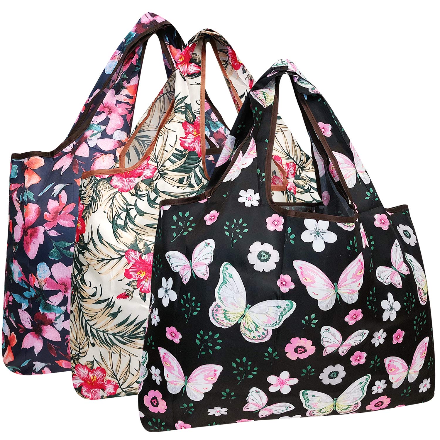 Bowbear Foldable Nylon Reusable Shopping Grocery Bag (Set of 3), Butterflies & Hibiscus