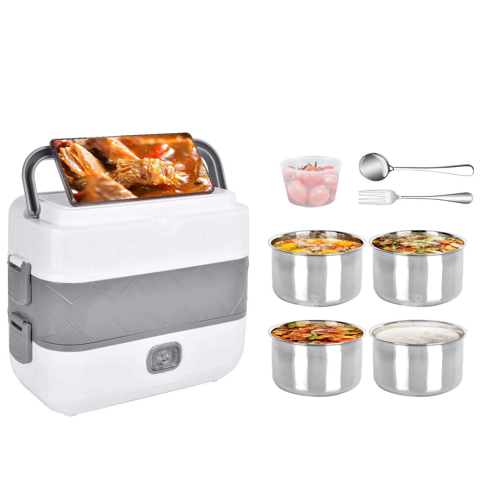 Mightree Electric Lunch Box for Adults, 200W Stackable Heated Lunch Box, 2L Capacity Faster Heating Lunch Box for Work, Portable Food Warmer for Home & Office, Stainless Steel Container Fork & Spoon