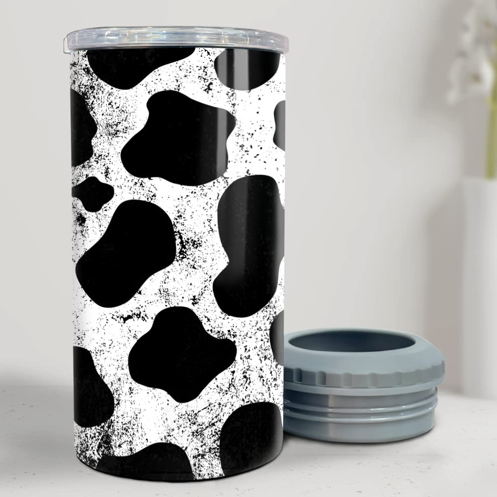 SANDJEST Personalized Cow Can Cooler Cowhide Doodle 4 in 1 Can Holder Skinny Stainless Steel Tumbler Gift for Women Girl Daughter Sister Animal Lovers Farm Girl Christmas Birthday