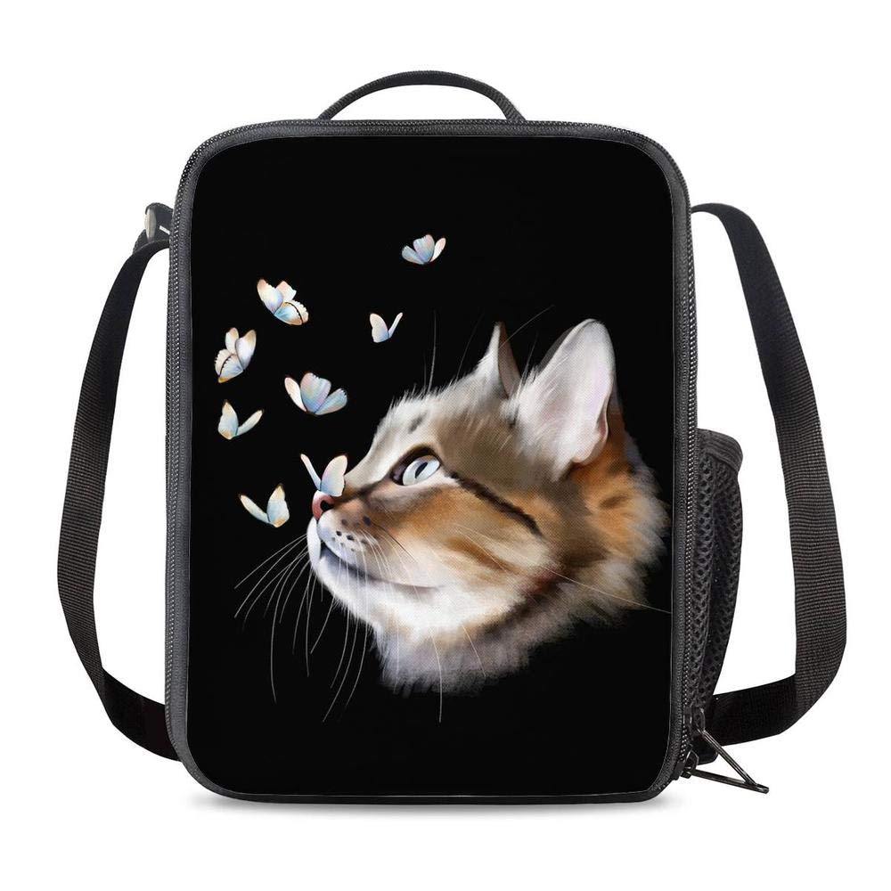 VunKo Cute Cat Insulated Lunch Bag for School Work Office Picnic Butterfly Tote Lunch Box Containers for Cat Lover Kids Compact Reusable Cooler Bag with Shoulder Strap