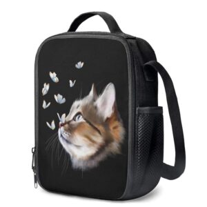 VunKo Cute Cat Insulated Lunch Bag for School Work Office Picnic Butterfly Tote Lunch Box Containers for Cat Lover Kids Compact Reusable Cooler Bag with Shoulder Strap