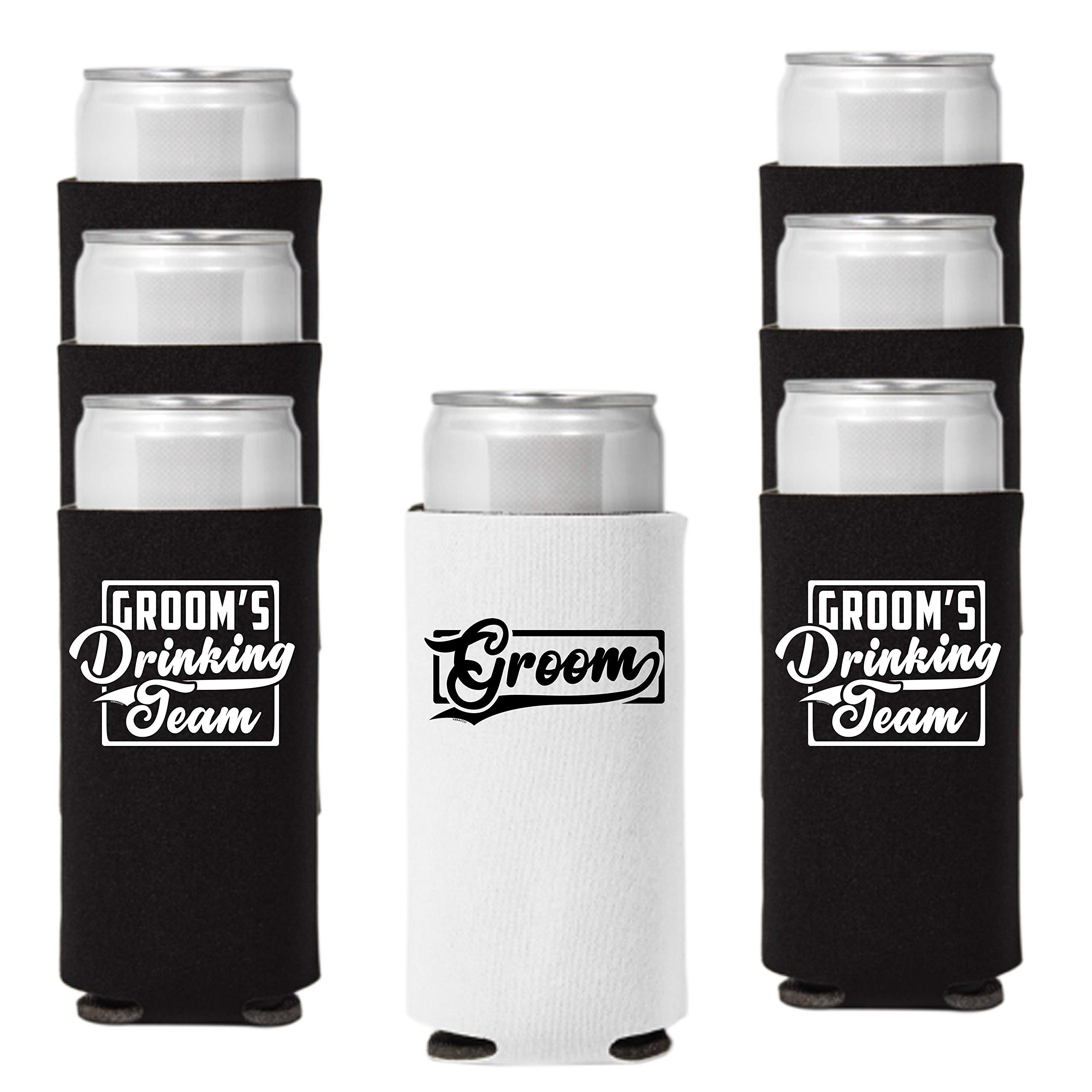 Veracco White Groom and Black Groom's Drinking Team Slim Can Coolie Holder Bachelor Party Wedding Favors Gift For Groom Groomsmans Proposal (White Groom, Black DT, 12)