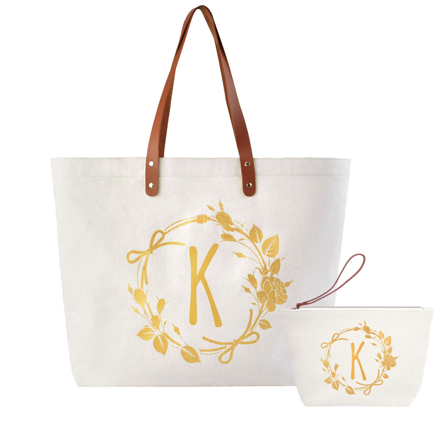 ELEGANTPARK Birthday Gifts for Women Mom Friend Personalized Bag with K Letter Teacher Gifts Bridesmaid Gifts Monogrammed Gifts for Women Canvas Tote Bag and Makeup Bag 2 Pcs